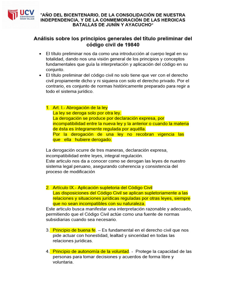 Los Principios Generales Del Título Preliminar Del Código Civil de 19840 | PDF | Estatuto | Justicia
