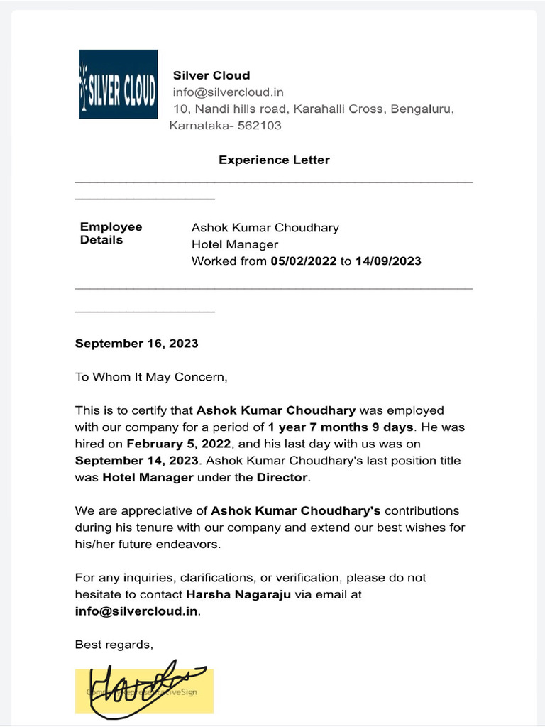 Experience Letter - Silver Cloud | PDF