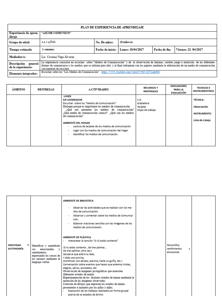 Plan De Experiencia De Aprendizaje Tres Pdf Canciones Plan De