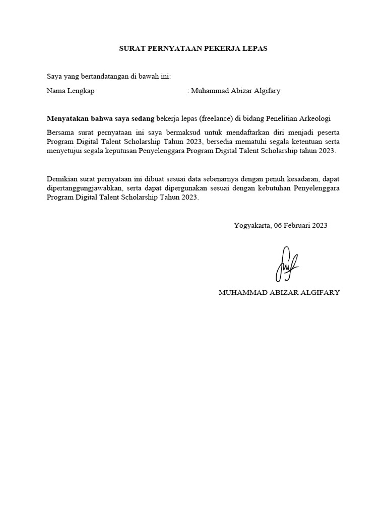 Surat Pernyataan Pekerja Lepas | PDF