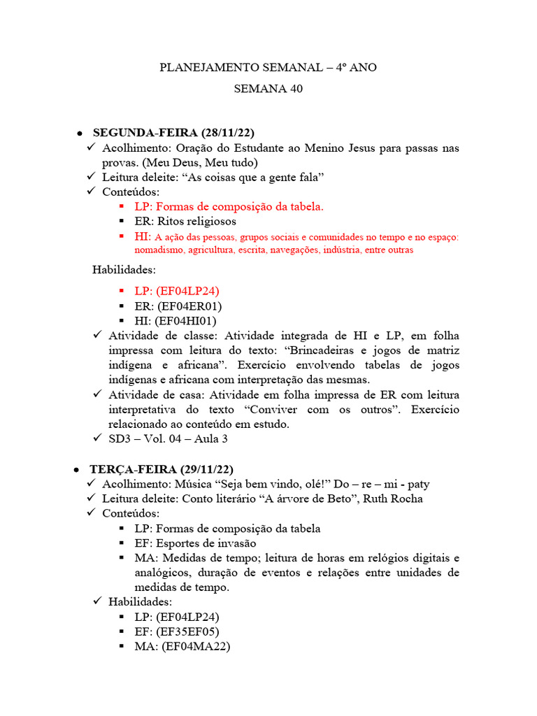 Planejamento Semanal - S40 | PDF | Estudos de Línguas Estrangeiras | Arte