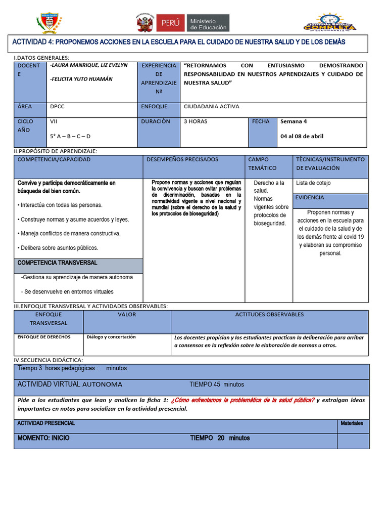 sesion semana 4 dpcc 5to | PDF | Maestros | Escuelas