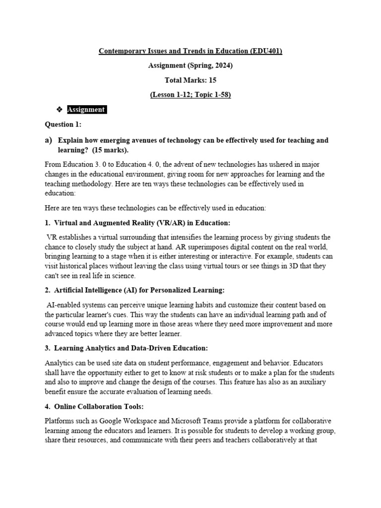 Education 401 Assignment Made by Asad Mher | PDF | Educational Technology | Learning