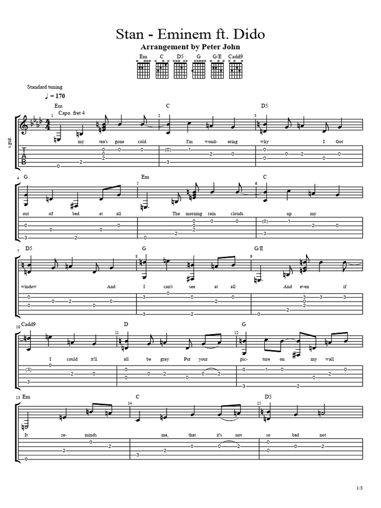 Stan - Eminem Ft. Dido (Peter John Arrangement) | PDF | Guitars | Songs ...