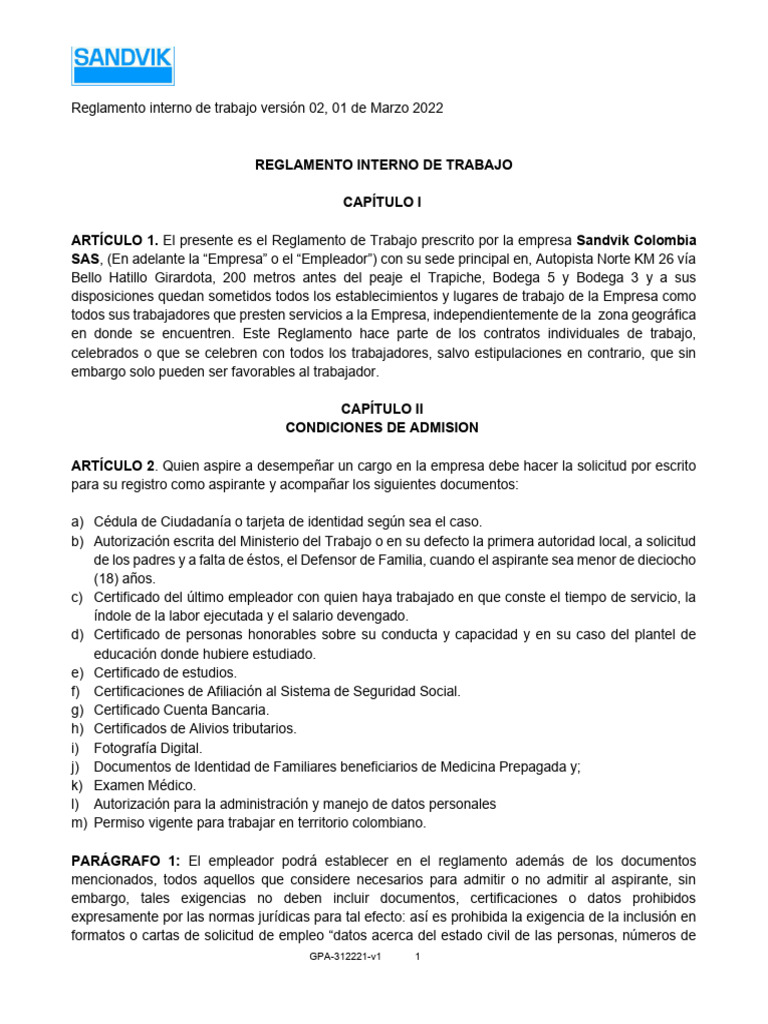 Reglamento Interno de Trabajo Versión 02, 01 de Marzo 2022 | PDF ...