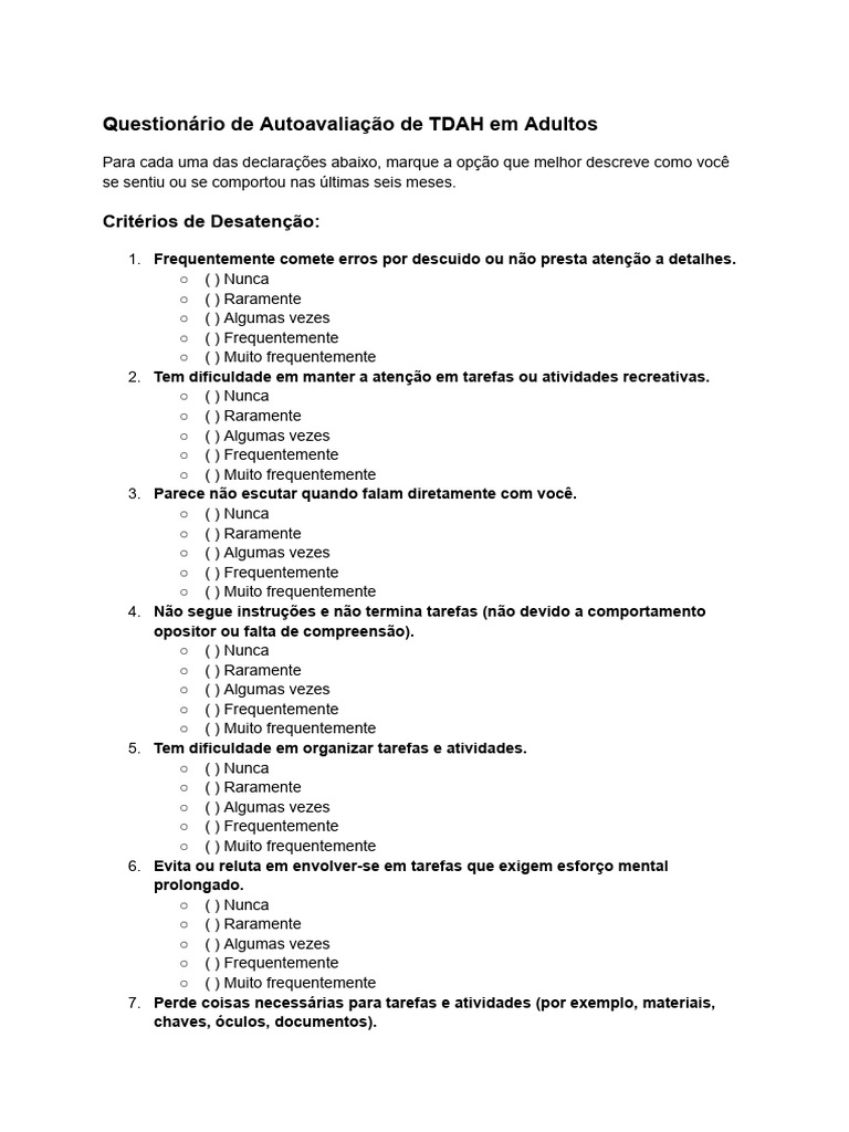 Questionário de Autoavaliação de TDAH em Adultos | PDF | Transtorno de ... Questionário de Autoavaliação de TDAH em Adultos | PDF | Transtorno de ...
