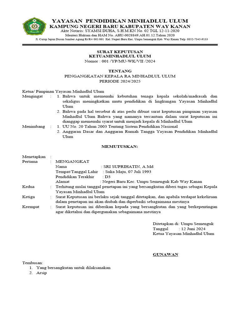 SK (Surat Keputusan) Pengangkatan Kepala Sekolah Swasta | PDF