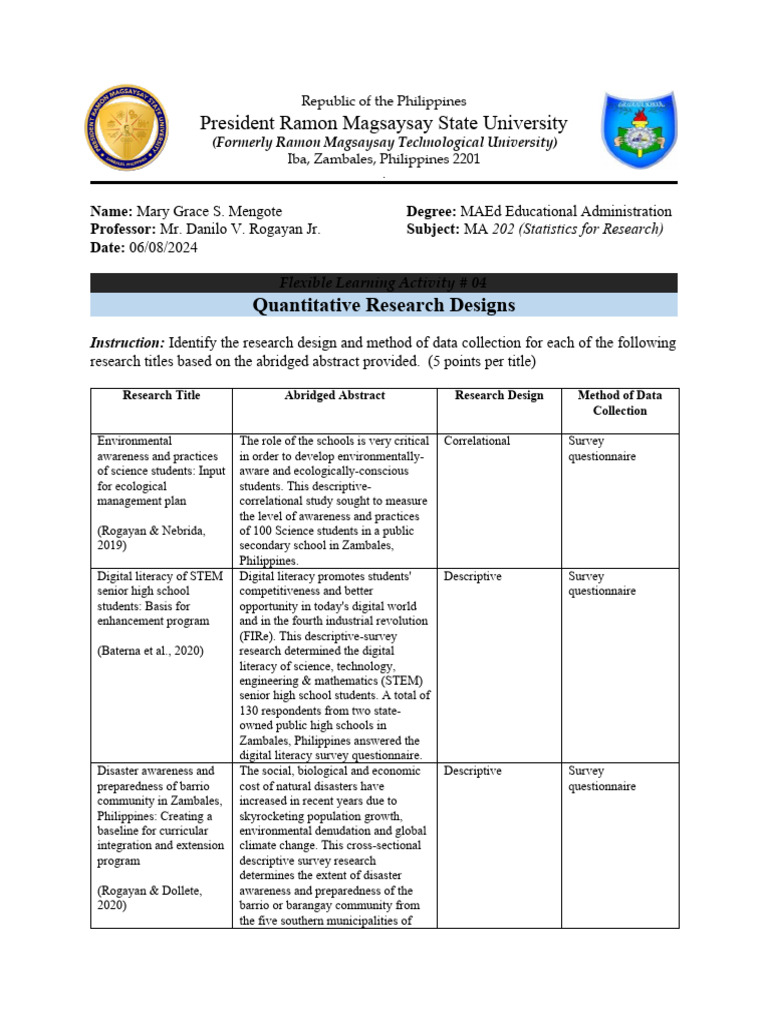 MA 202 FLA 4 Quantitative Research Designs | PDF | Curriculum | Science