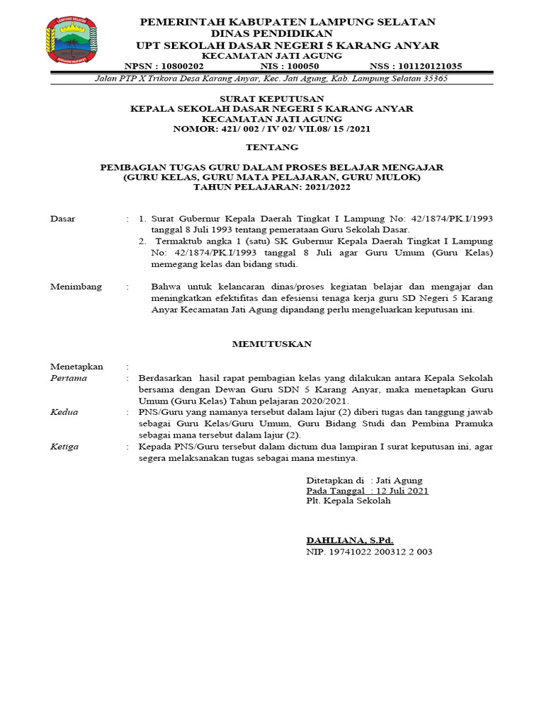 SK Pembagian Tugas Guru | PDF