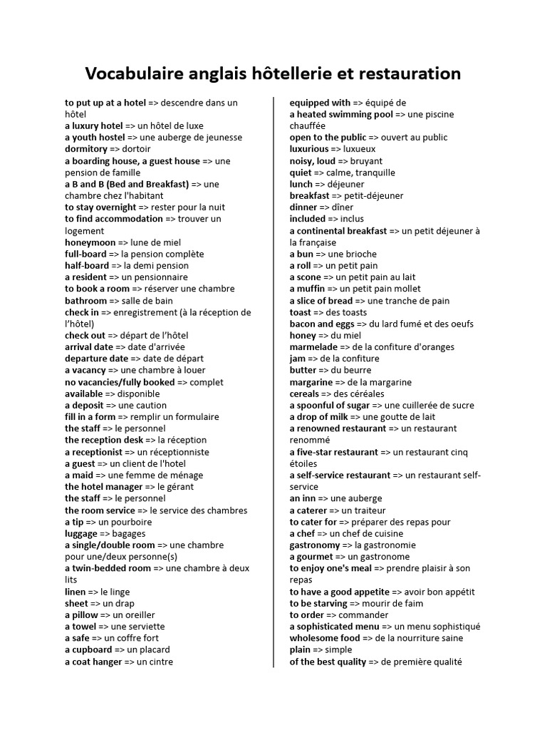 Vocabulaire Anglais Hôtellerie-Restauration | PDF | Boisson | Restaurants