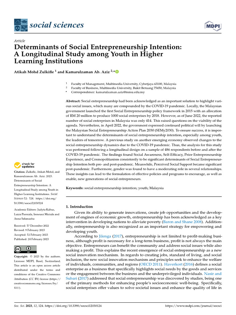 Determinants of Social Entrepreneurship Intention A Longitudinal Study Among Youth in Higher ...