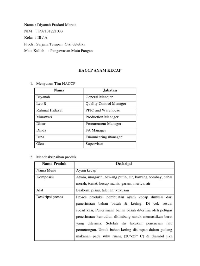 HACCP Proses Ayam Kecap | PDF