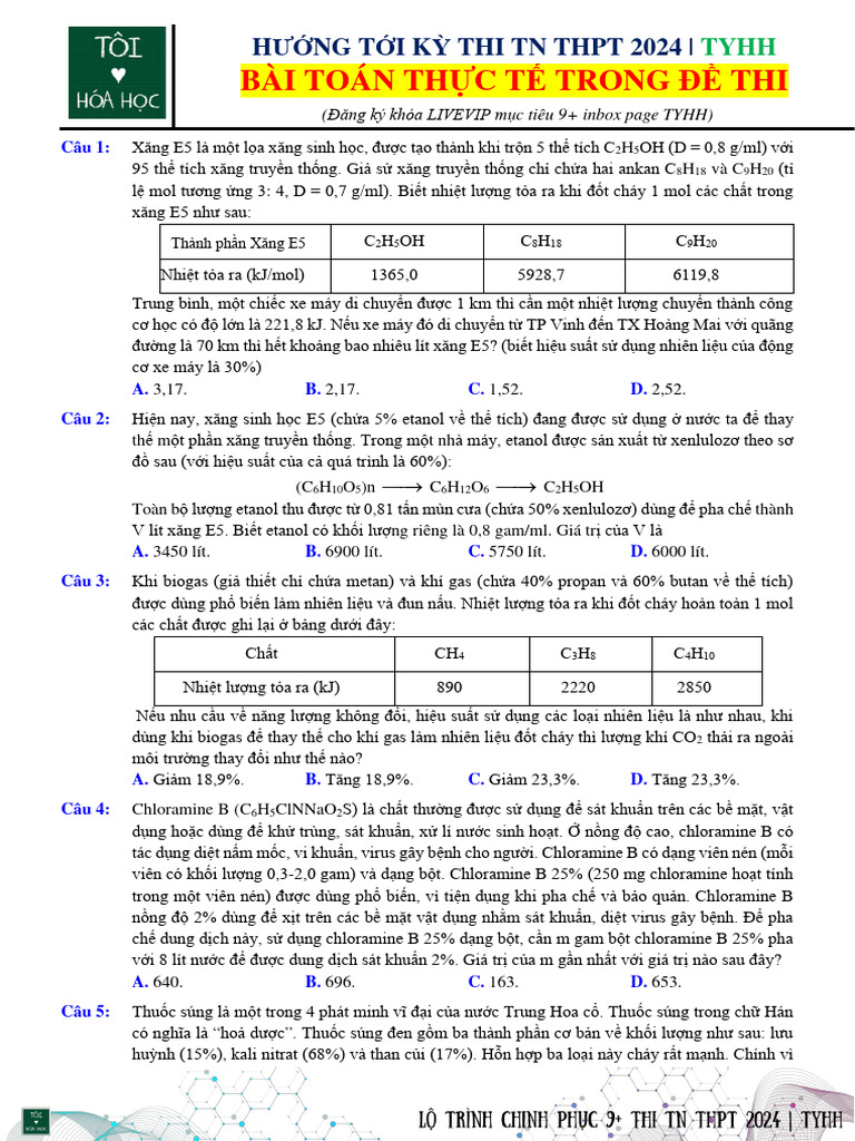 BÀI TOÁN THỰC TẾ TRONG ĐỀ THI 2024 - TYHH | PDF