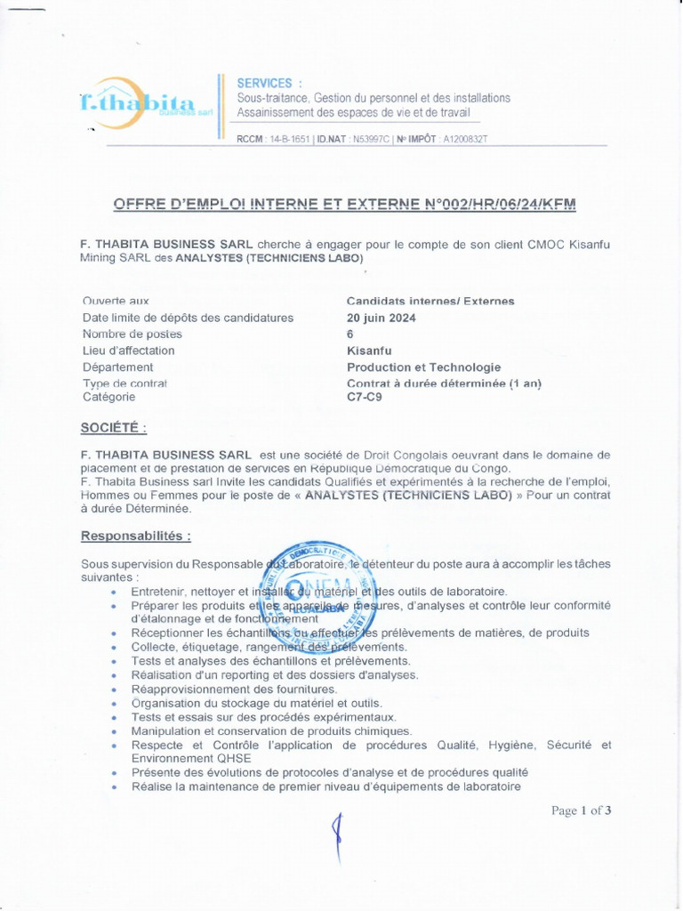 Offre 002 Technicien Labo | PDF