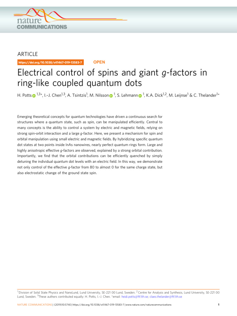 Electrical Control of Spins and Giant G-Factors in Ring-Like Coupled Quantum Dots | PDF | Atomic ...