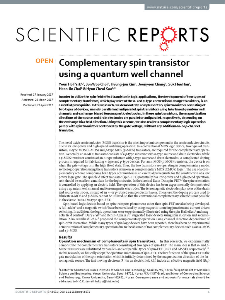 Complementary Spin Transistor Using a Quantum Well Channel | PDF ...