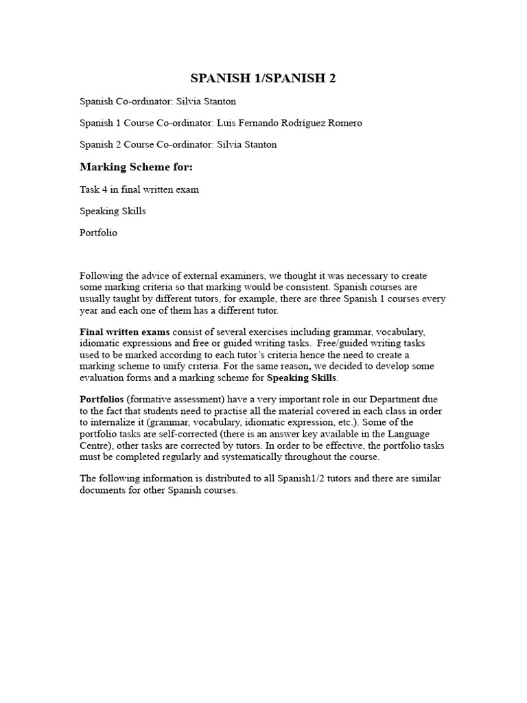 Spanish 1/2 Marking Criteria Guide | PDF | Fluency | Public Speaking