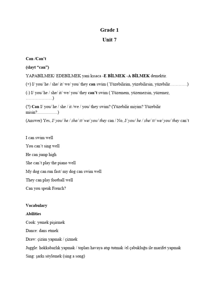 Grade 1 Unit 7 | PDF