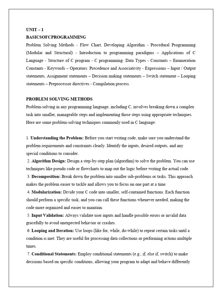 UNIT 1-C PGM | Download Free PDF | Integer (Computer Science) | Boolean Data Type