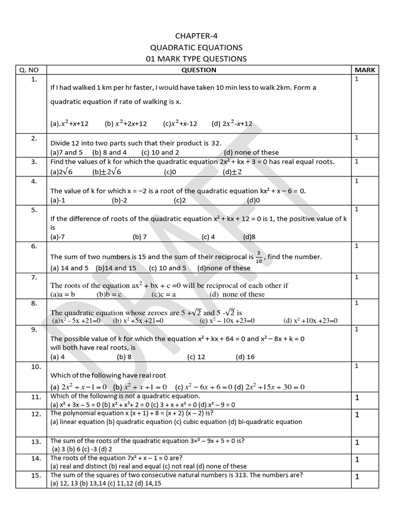 1 Mark Type (Quadratic Equations) | PDF | Quadratic Equation | Mathematics