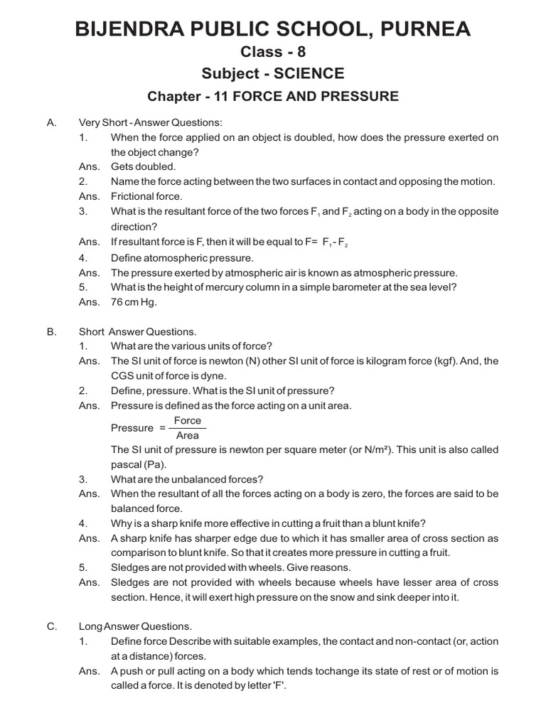 Class 8 Subject Science Chapter 11 Force and Pressure | PDF | Pressure | Force