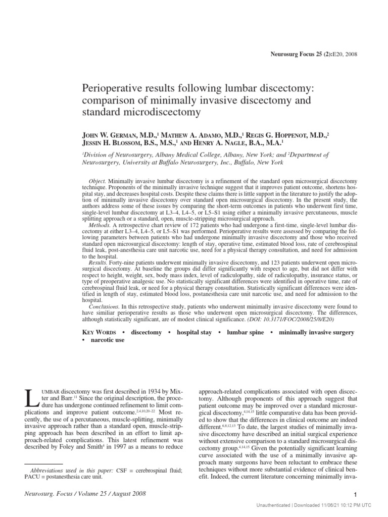 [10920684 - Neurosurgical Focus] Perioperative results following lumbar ...