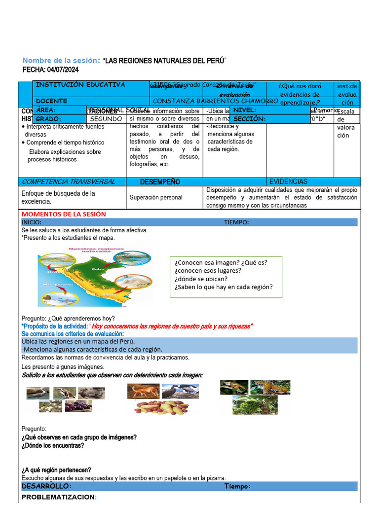 Sesion PS Las 4 Regiones Naturales 01-07-24 | PDF | Evaluación | Cognición