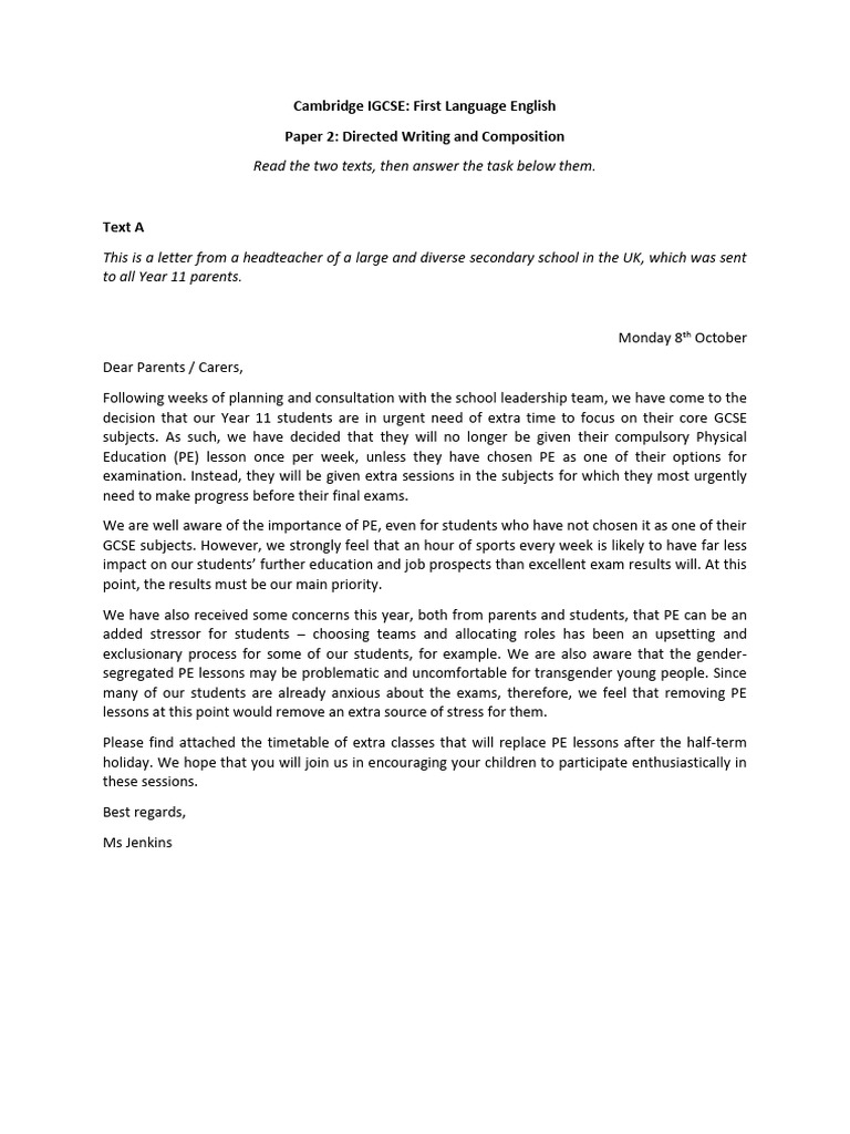 IGCSE English Paper 2: Directed Writing | PDF | Physical Education