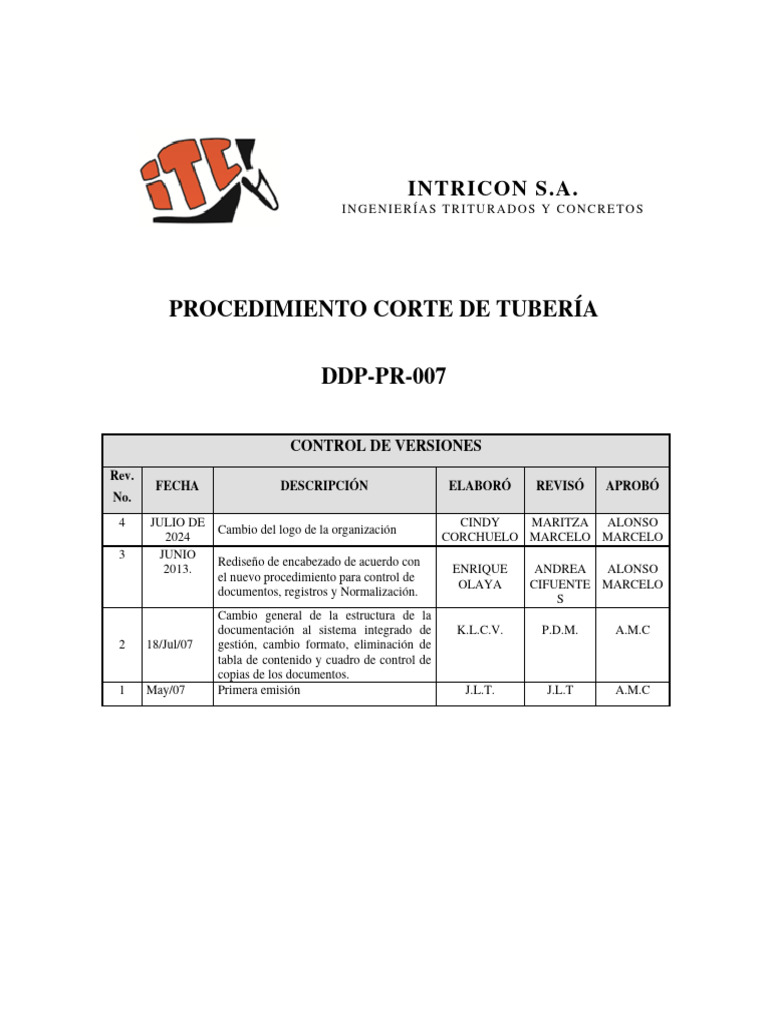 DDP-PR-007 Procedimiento Corte de Tuberia V4 | PDF | Ingeniería