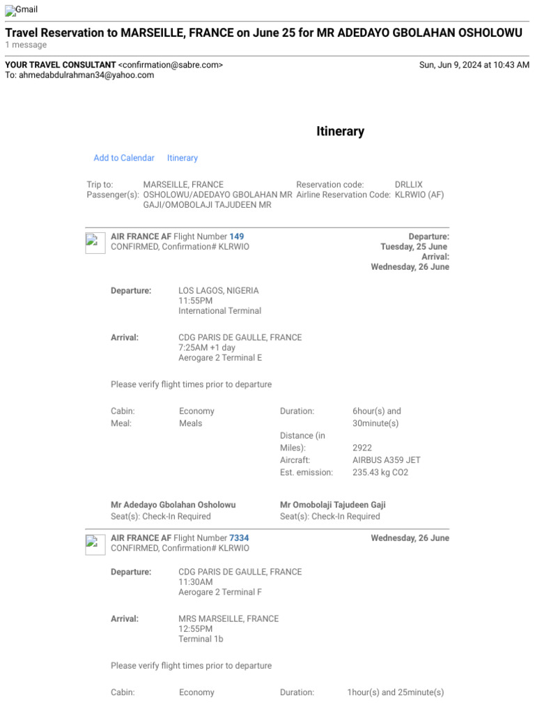 Gmail - Travel Reservation To Marseille, France On June 25 For MR Adedayo Gbolahan Osholowu ...