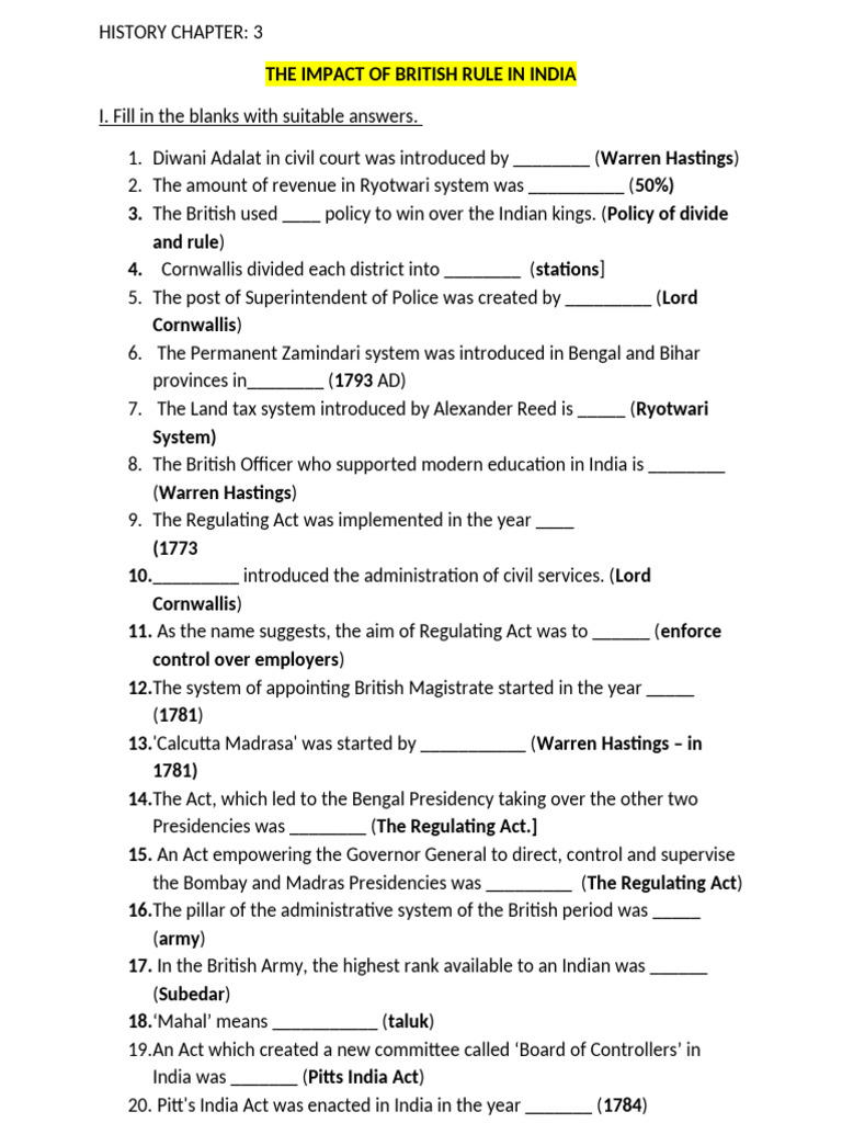 Impact of The British Rule (History) | PDF | British Raj | British India