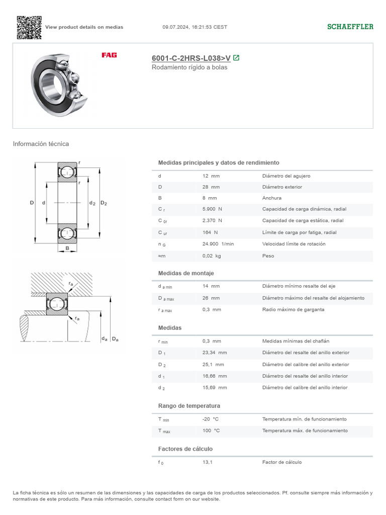 Rodamiento 6001-C-2HRS: Especificaciones | PDF | Ingeniería mecánica