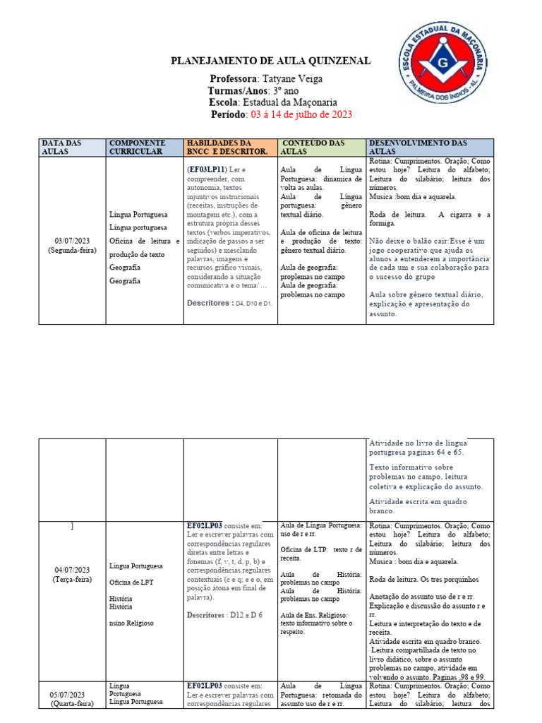PLANEJAMENTO DE AULA QUINZENAL 03 A 14 de Julho | PDF | Matemática | Escrita