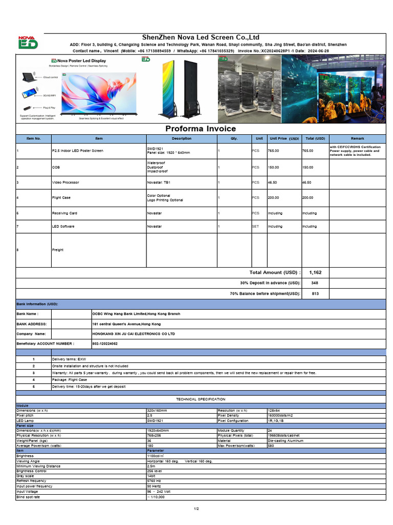 Quotation For 1 PCS Indoor Led Posters-Vincent Nova | PDF | Display ...