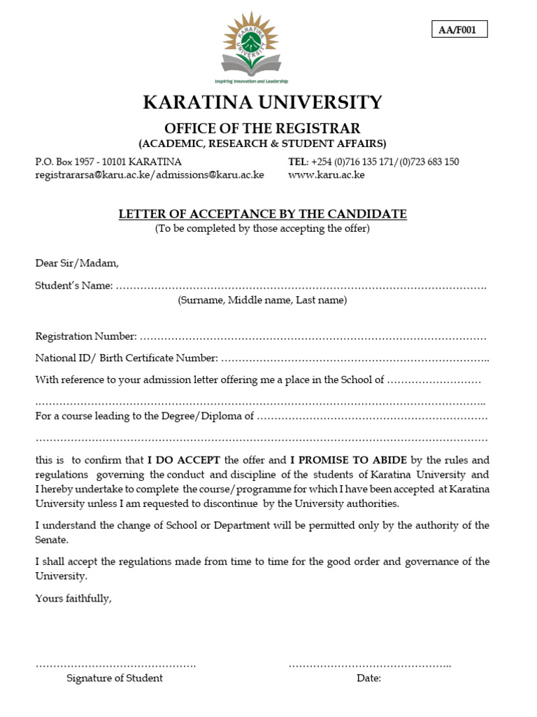 AA F001 Letter of Acceptance | PDF