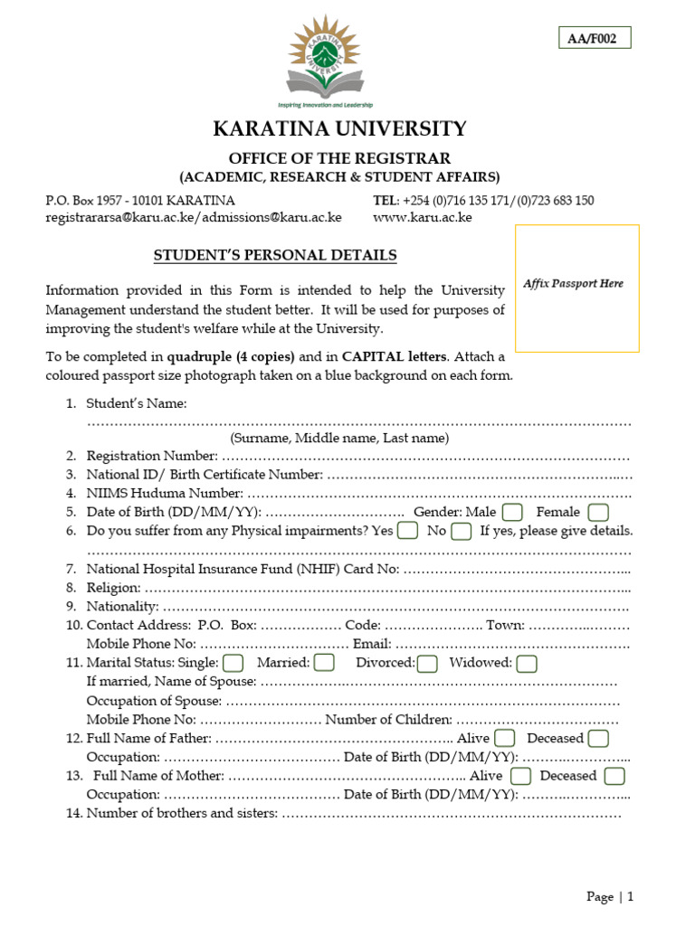 Karatina University Student Form | PDF | Government And Personhood