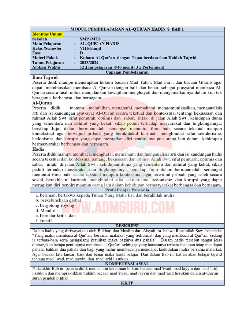 Modul Ajar Al Quran Hadis Kelas 8 | PDF
