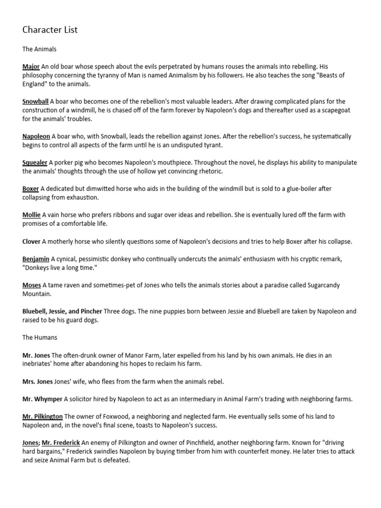 Character List - Animal Farm | PDF