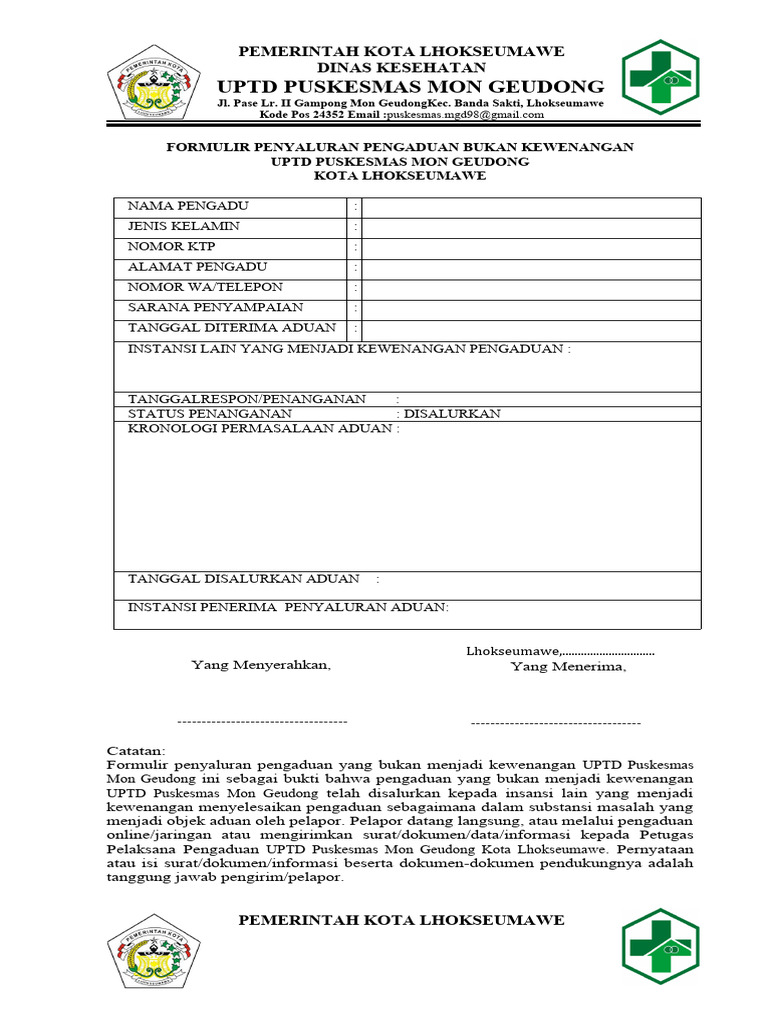 Formulir Pengaduan Puskesmas Mon Geudong | PDF