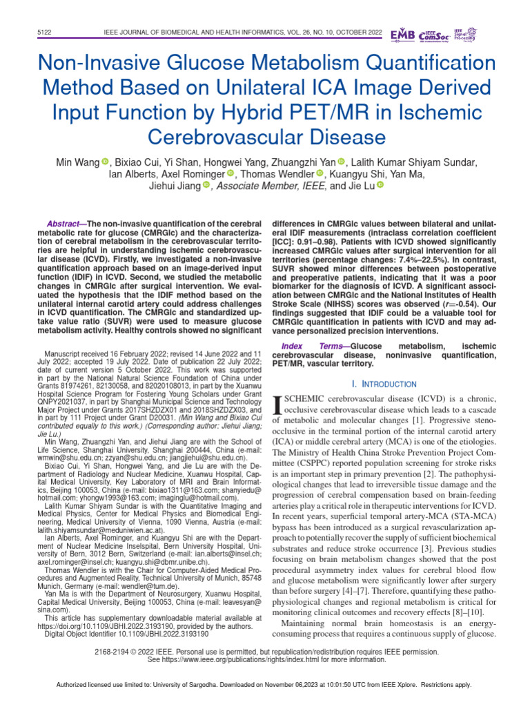 Non-Invasive Glucose Metabolism Quantification Method Based On Unilateral ICA Image Derived ...