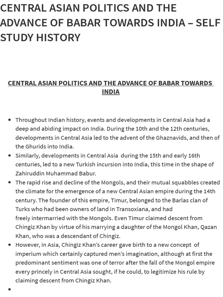 Central Asian Politics and Babur's Invasion | PDF | Mongol Empire | Punjab