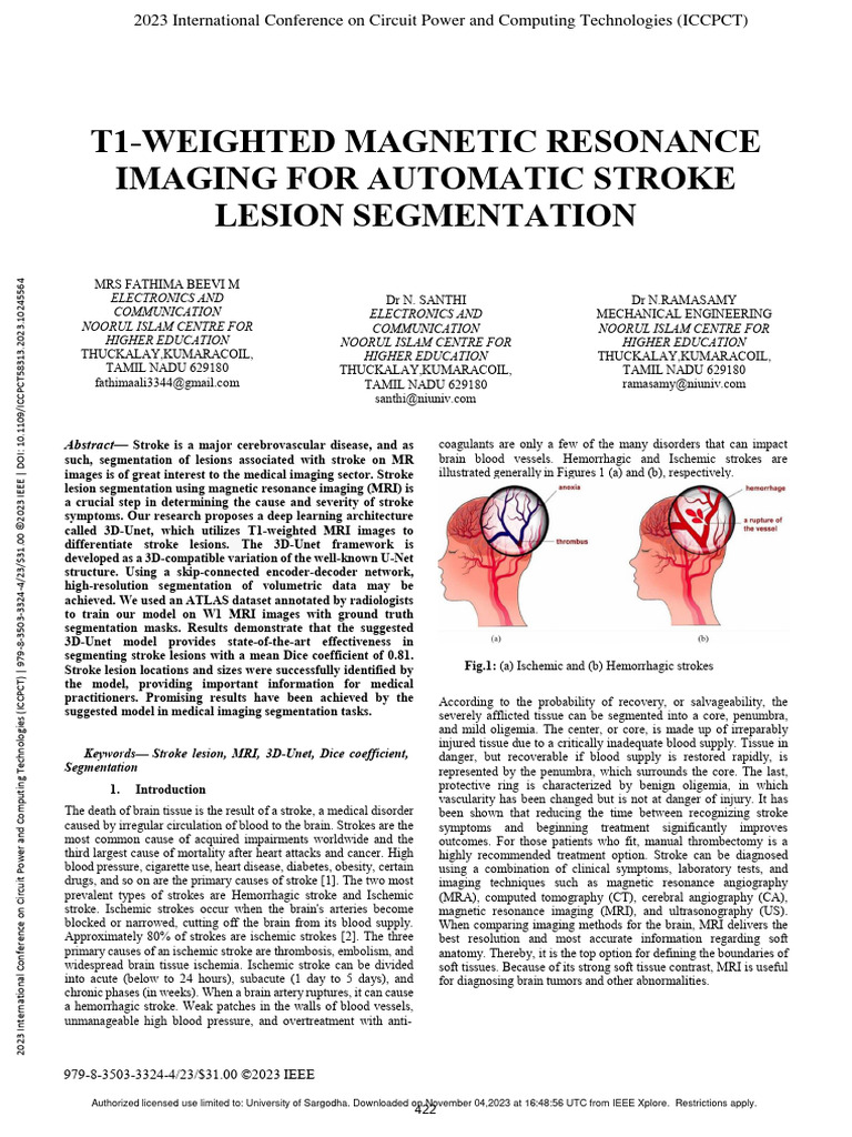 T1-Weighted Magnetic Resonance Imaging For Automatic Stroke Lesion Segmentation | PDF | Magnetic ...
