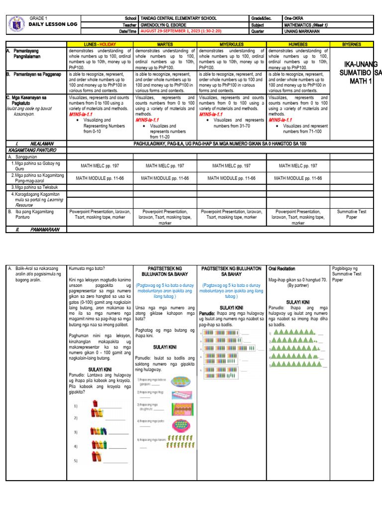Q1 DLL Math1 Week-1 | PDF