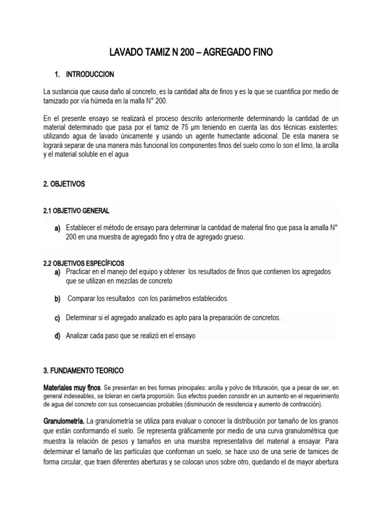 Lavado Tamiz N 200 | PDF | Hormigón | Suelo