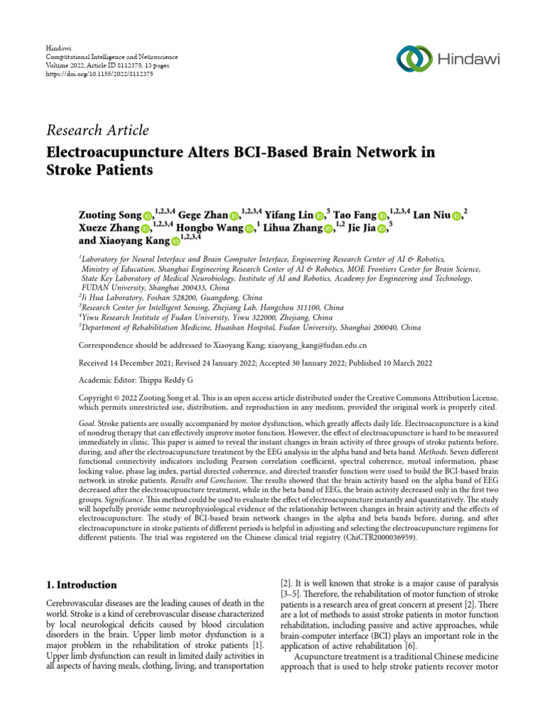 Research Article: Electroacupuncture Alters BCI-Based Brain Network in Stroke Patients | PDF ...