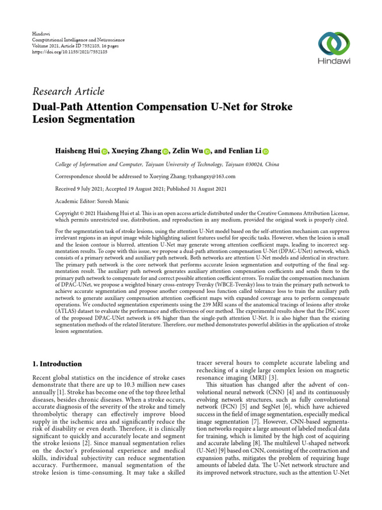 Research Article: Dual-Path Attention Compensation U-Net For Stroke ...