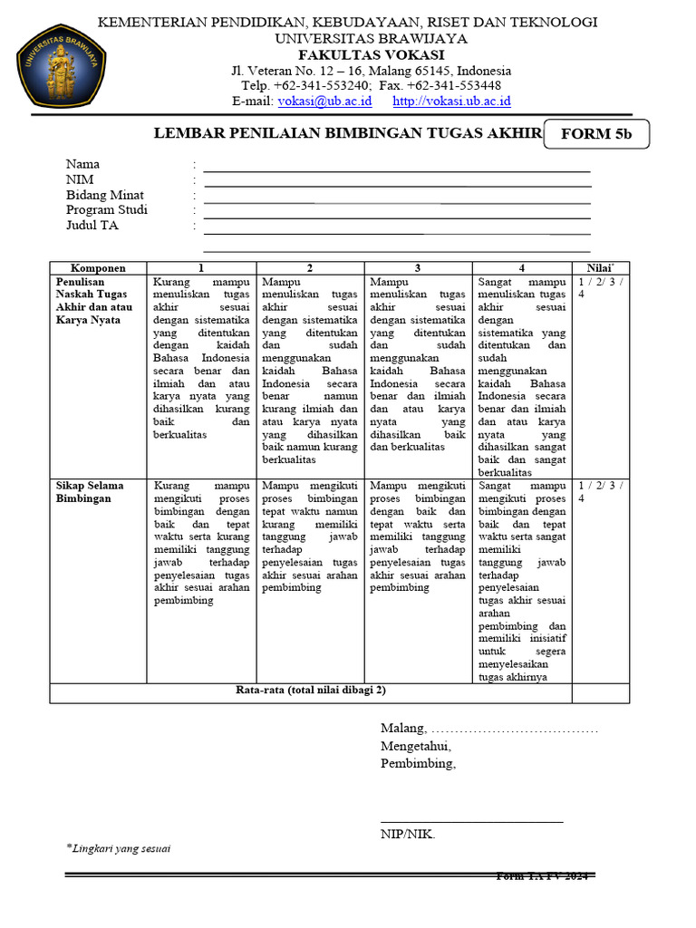 FORM 5b Form Penilaian Ujian Tugas Akhir Sebagai Pembimbing | PDF ...