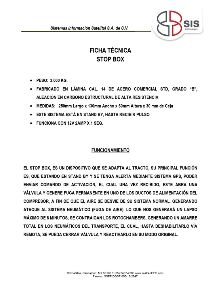 Ficha Técnica Stop Box | PDF