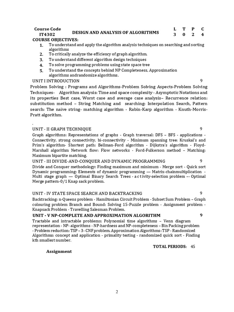 DAA Syllabus | PDF | Computational Complexity Theory | Time Complexity