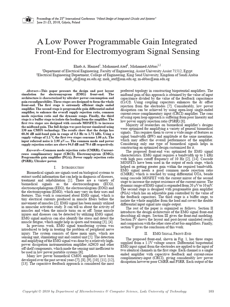 A Low Power Programmable Gain Integrated Front-End For Electromyogram ...